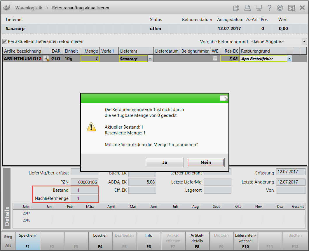 Retourenpositionen erfassen und bearbeiten